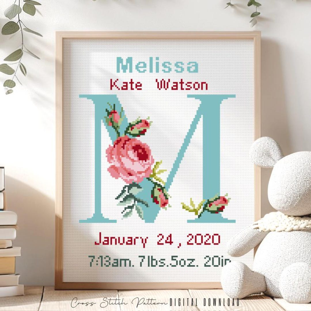 Birth Announcement Cross Stitch Pattern, Letter M Nursery Decor, Custom ...