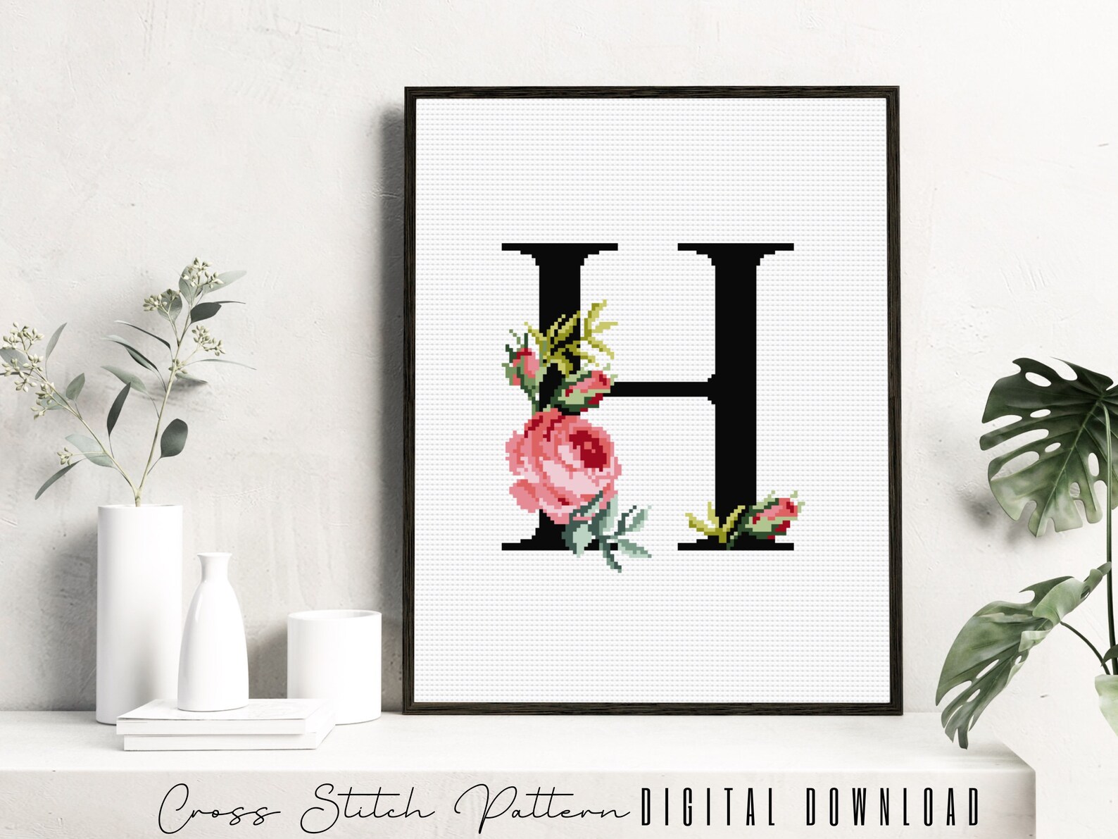 Floral Letter H Cross Stitch Alphabet Pattern Monogram With - Etsy