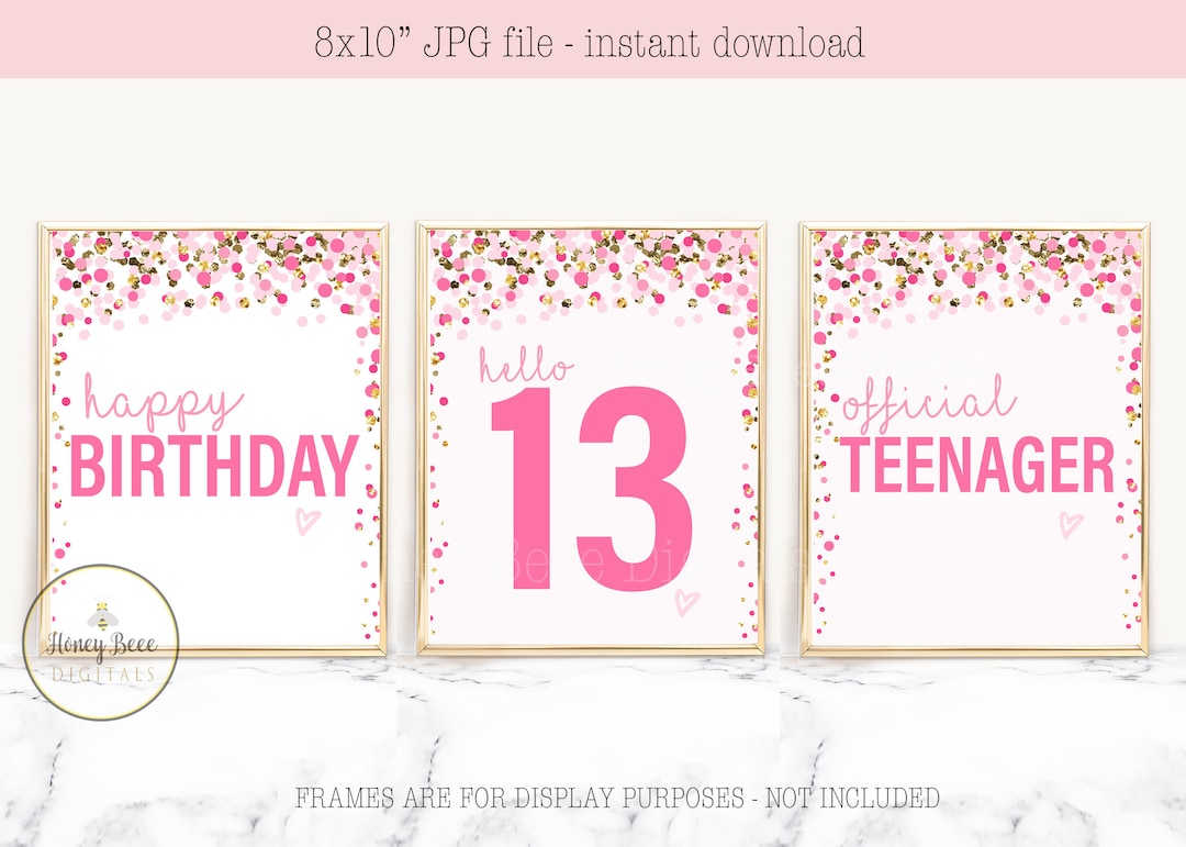 Hello 13 | Happy Birthday Printable | Pink Gold Confetti Polka Dots ...