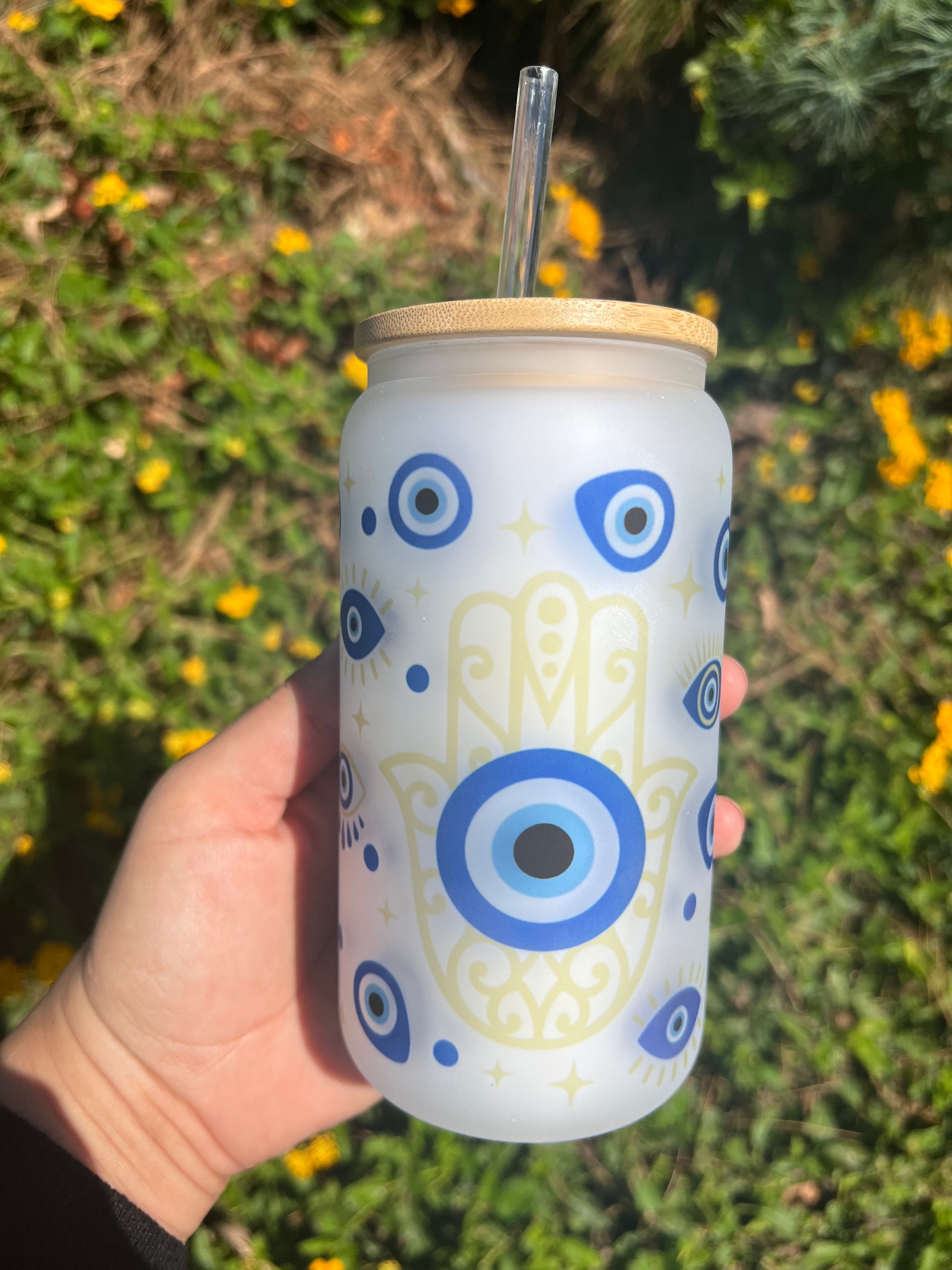 Mal De Ojo Glass Can | Evil Eye Glass Can | 16 Oz. Libbey Beer Glass ...