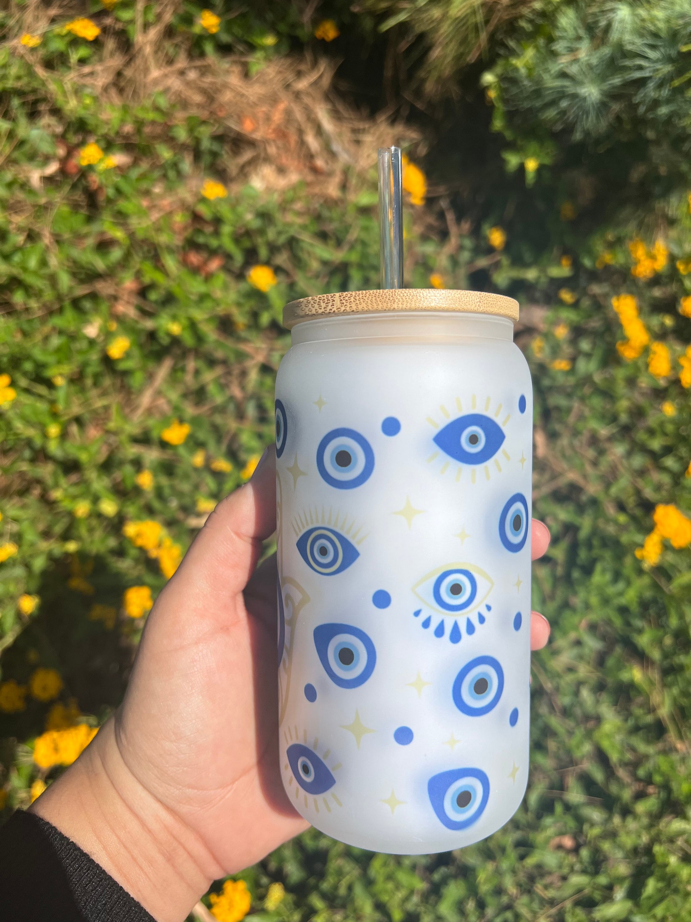 Mal De Ojo Glass Can | Evil Eye Glass Can | 16 Oz. Libbey Beer Glass ...