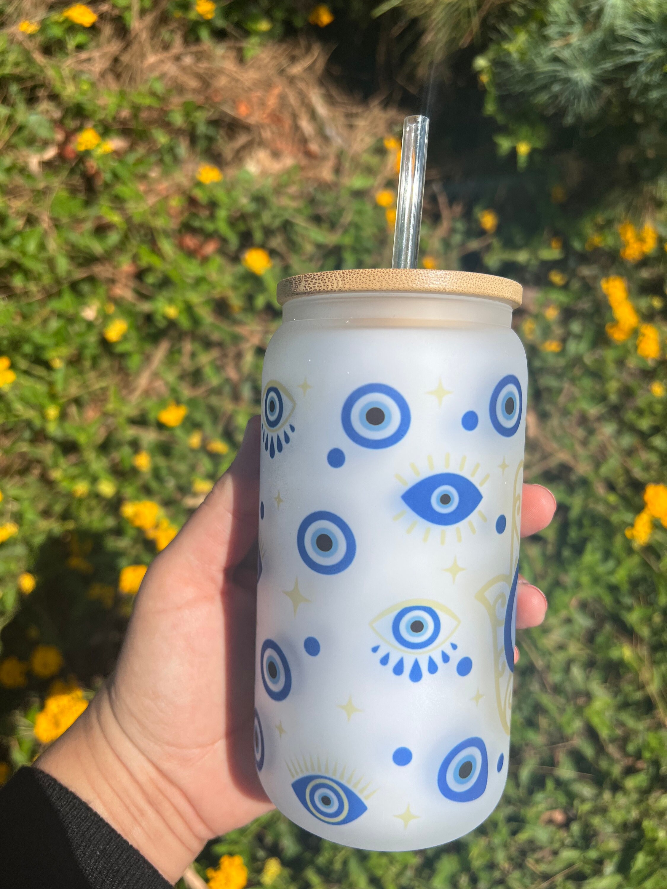 Mal De Ojo Glass Can | Evil Eye Glass Can | 16 Oz. Libbey Beer Glass ...