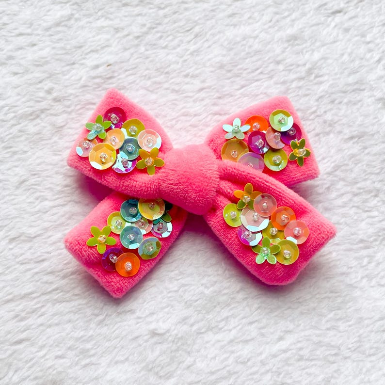 Bright Pink Floral Sequin Velvet Bow - Etsy