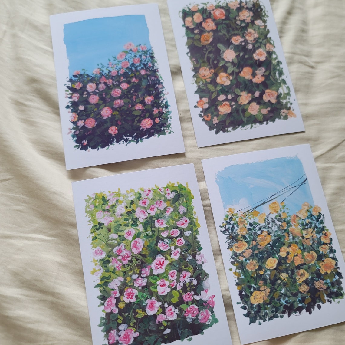 Gouache Rose Flower Painting Post Card, Set 4pcs, Post Card Set ...