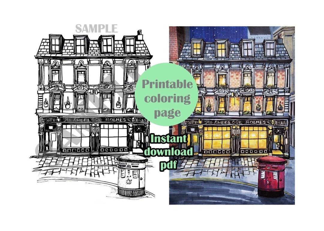 Sherlock Holmes Pub in London, Printable Adult Coloring Page, Instant ...