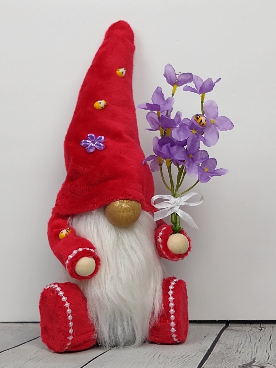 Soft Red Gnome Sitting With Purple Flowers, Summer Tiered Tray Home ...