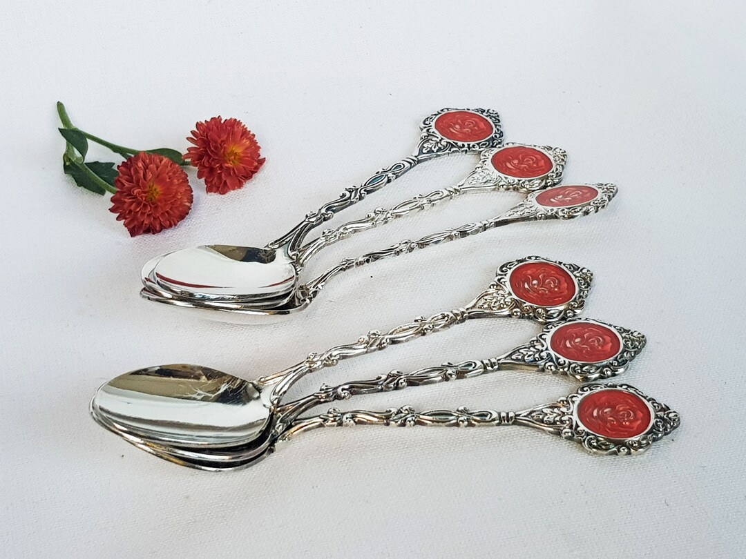 Vintage Teaspoons. Set of 6 Ornate Spoons With Red Rose Pattern ...