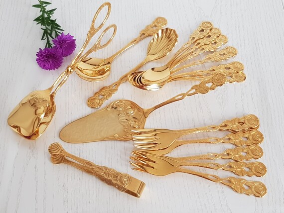 Lot of 17 Gold Plate Flatware 24k Gold. Dessert Set of 6 - Etsy