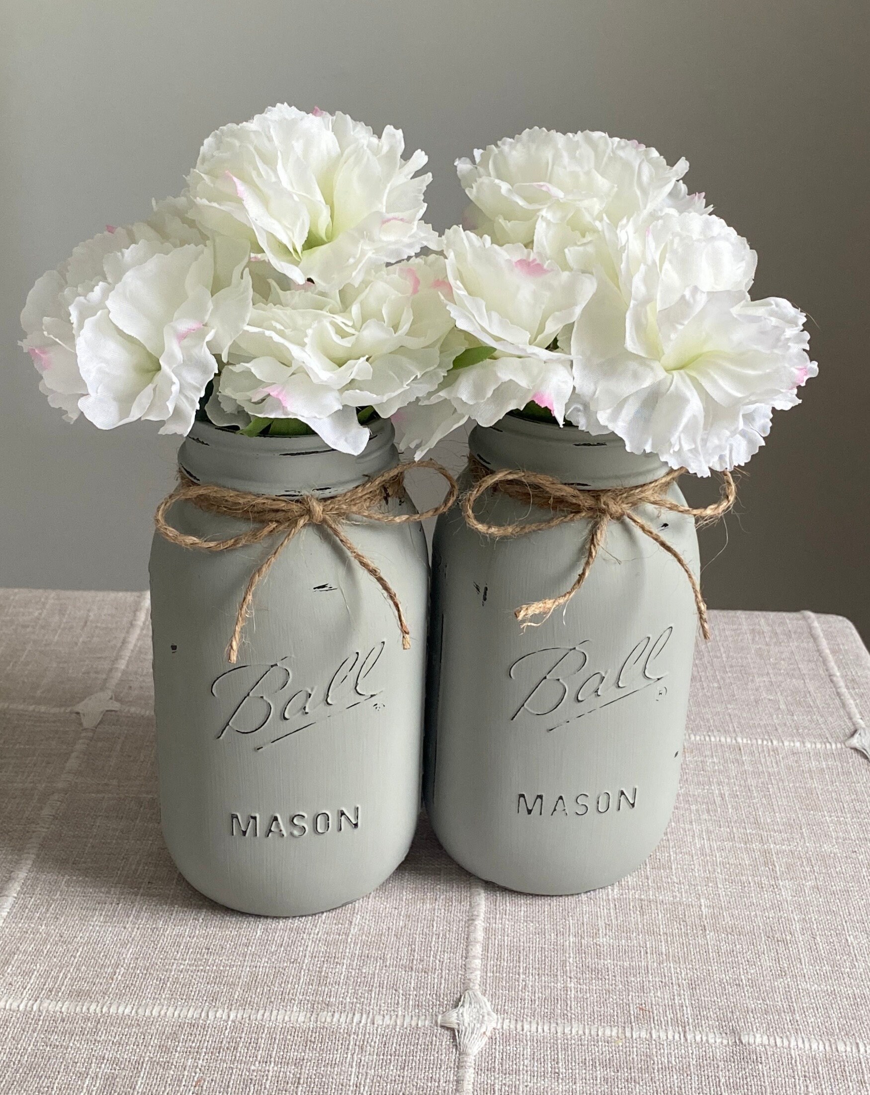 Chalk Painted Distressed Quart Size Mason Jar Vases W/faux Flowers ...