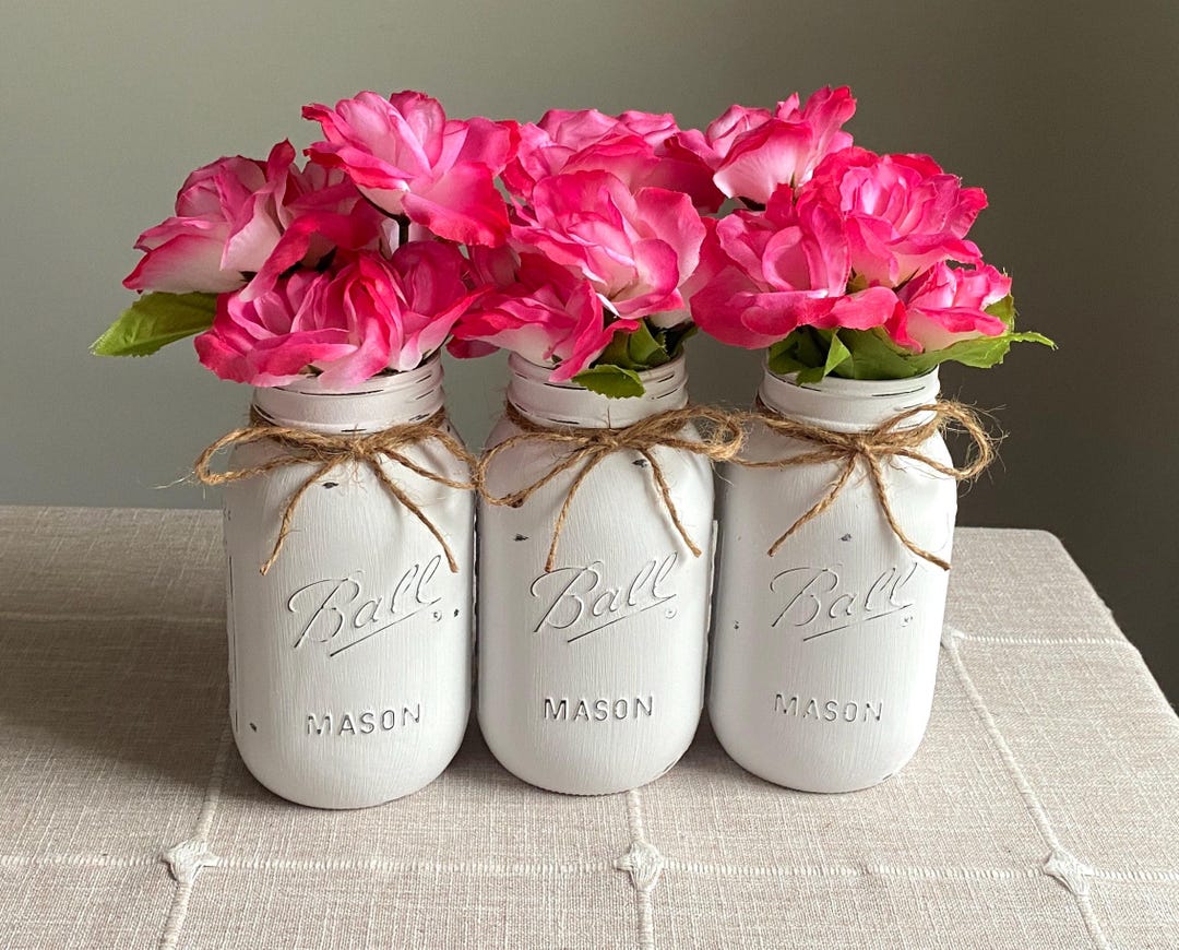 Chalk Painted Distressed Quart Size Mason Jar Vases W/faux Roses ...
