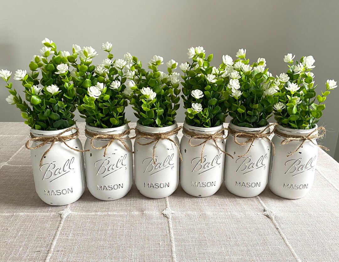 Chalk Painted Distressed Mason Jars W/faux Greenery Included - Etsy