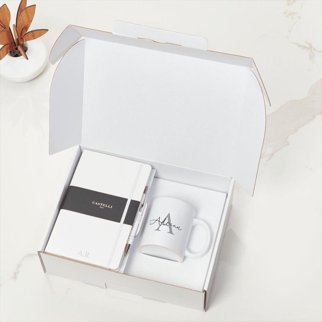 Personalised Corporate Gift Set Box White Castelli Notebook, Pen ...