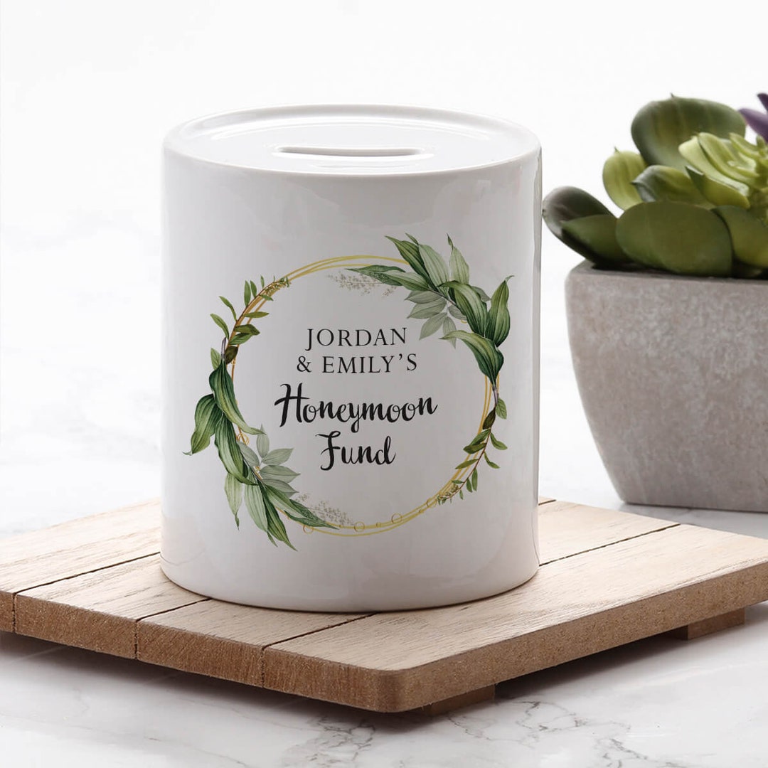 Honey Moon Fund Golden Leaves Money Box | Personalised Money Box ...