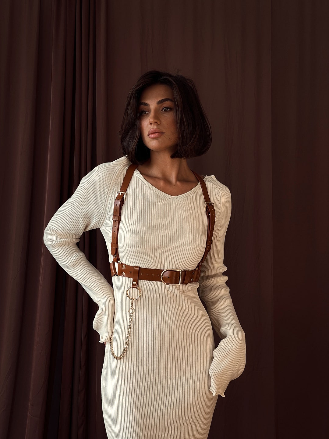 Harness With Chain, Leather Chest Harness Womens, Leather Waist ...