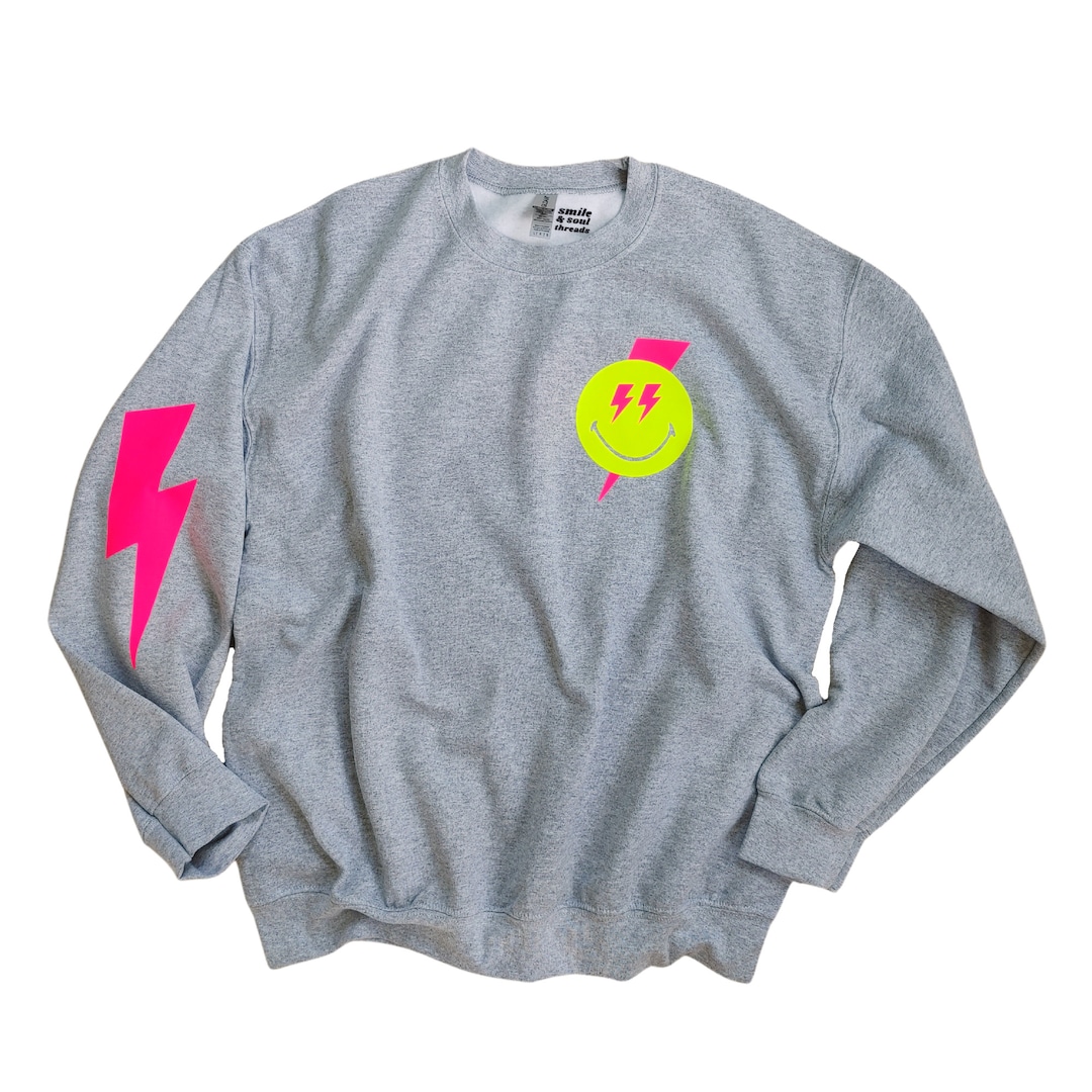 Smiling Face Neon Pink Lightning Bolt Sweatshirt Women's Trendy ...