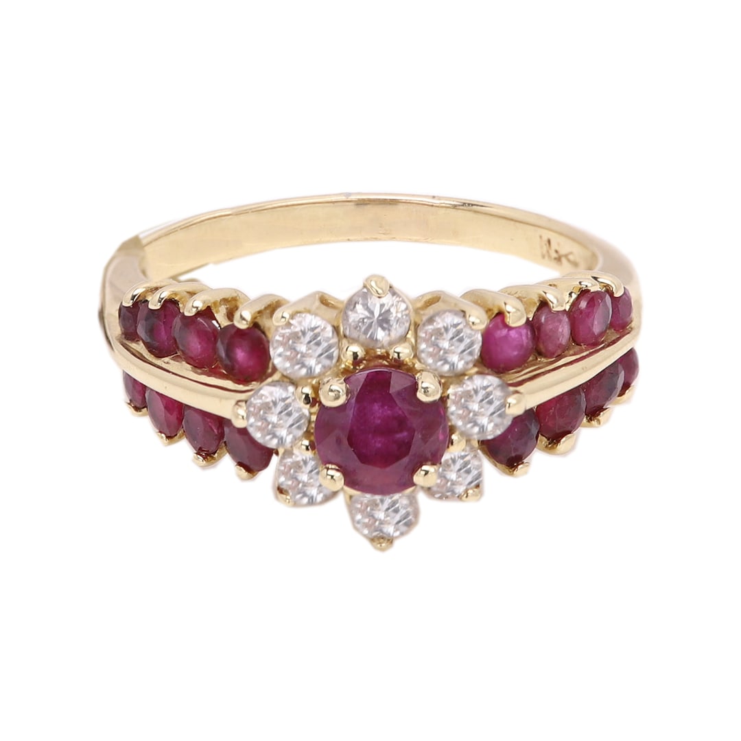 Vintage Ruby Ring 14K Yellow Gold Flower Design Cluster With Diamonds - Etsy
