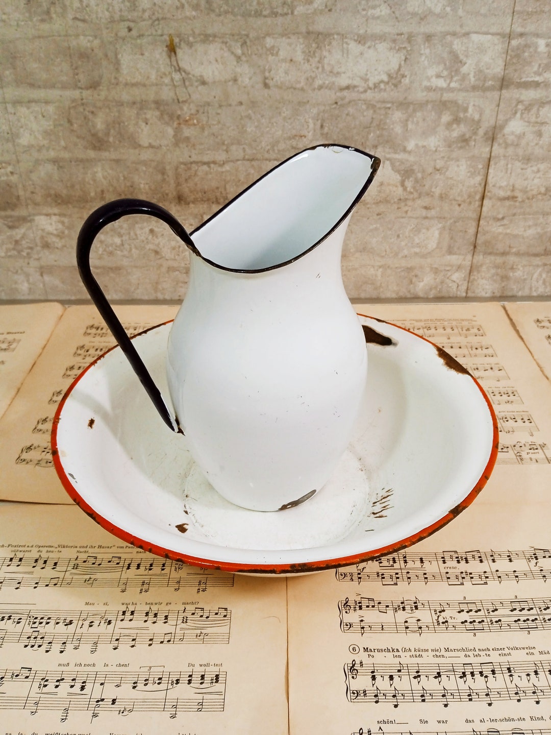 Vintage Enamel Pitcher and Basin Set, Retro Enameled Cleaning Set ...