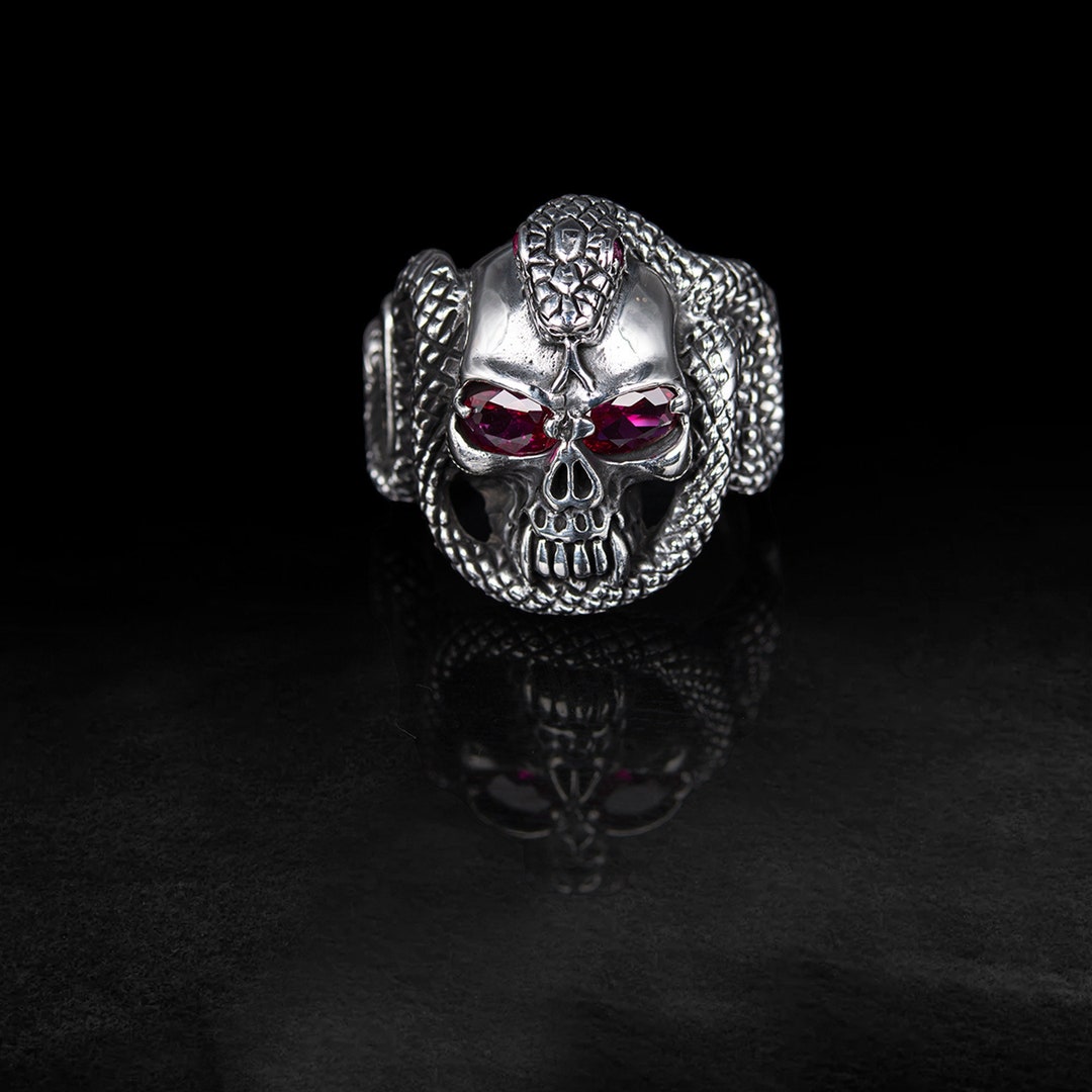 Mens Silver Snake Head Skull Ring Stone Mens Ring Oxidized - Etsy