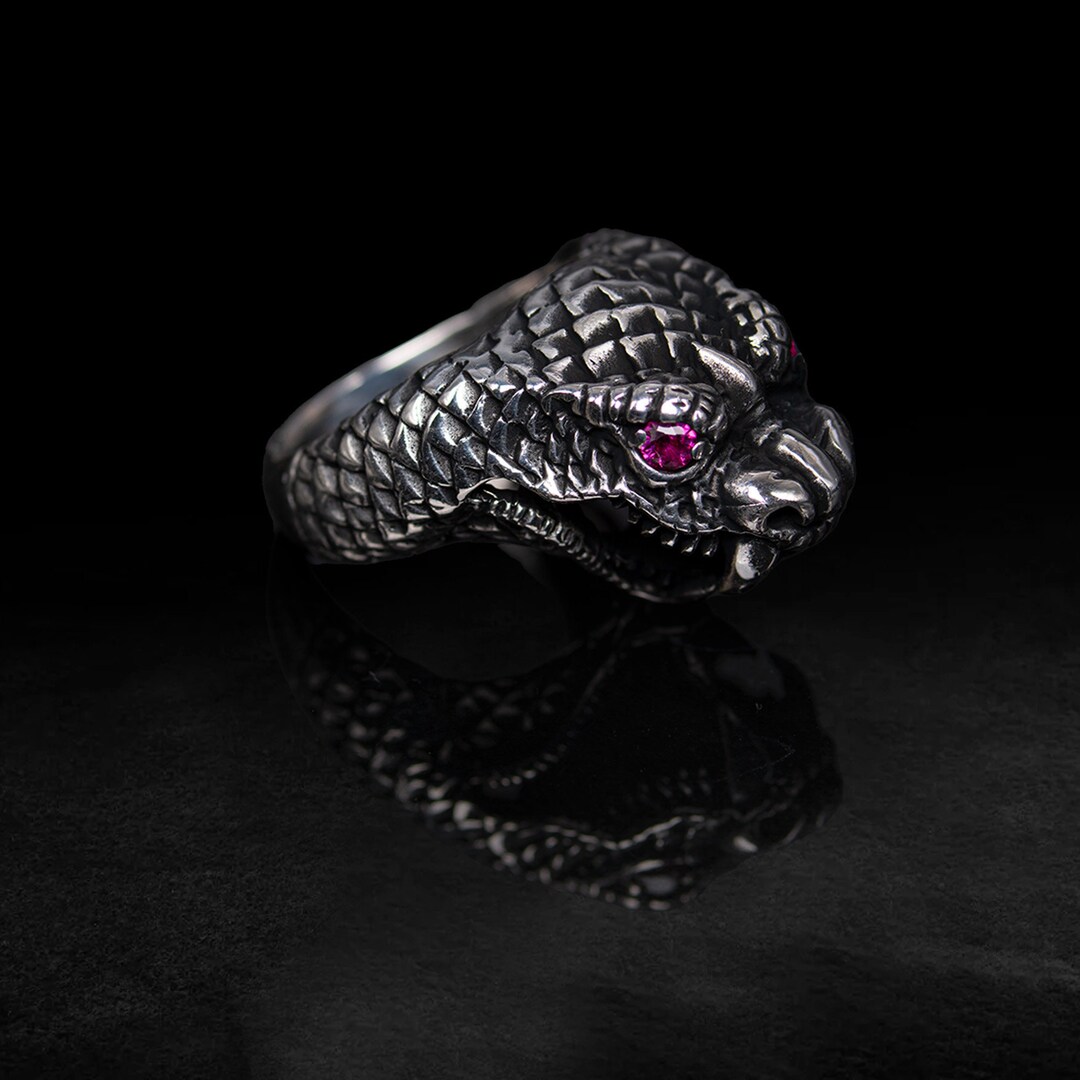 Mens Silver Snake Head Ring, 925 Silver Stone Eyes Snake Ring, Sterling ...
