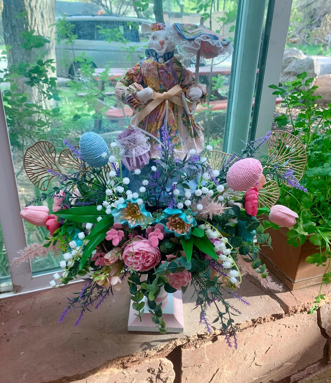 Bunny Candlestick Flower Arrangement Easter Spring Table Top Easter Centerpiece Bunny