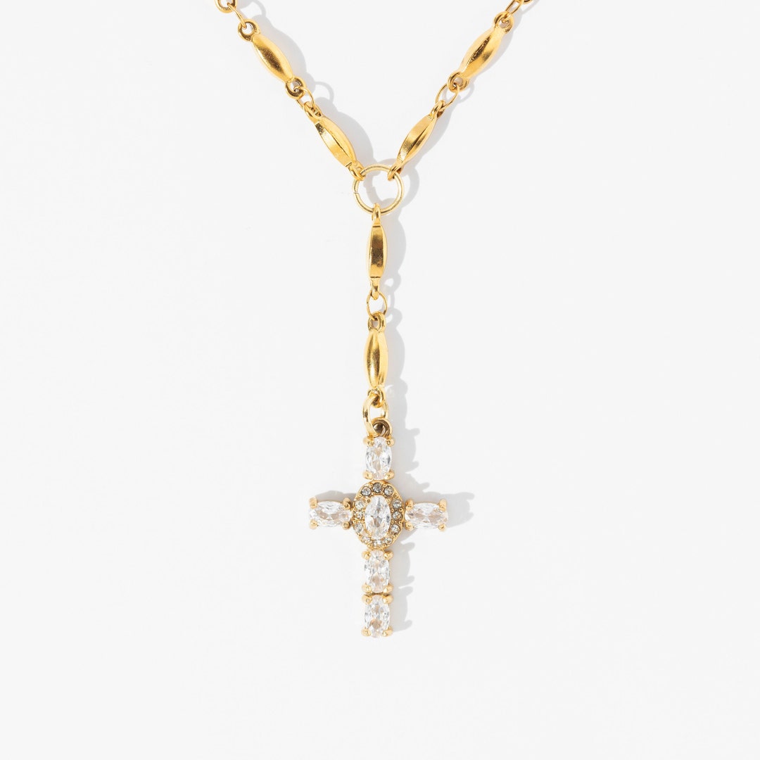 18K Gold Crystal Gem Cross Necklace | Cross Necklace | Gold Rosary ...