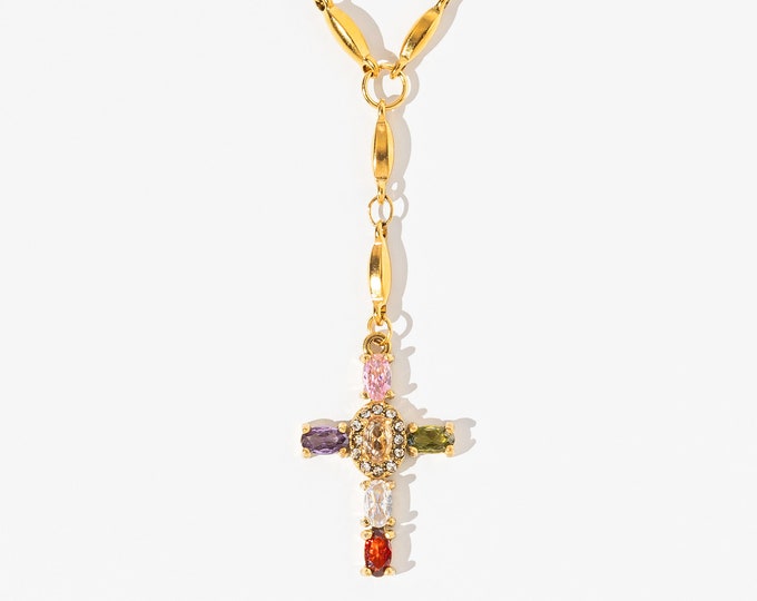 18K Gold Colourful Gem Cross Necklace | Cross Necklace | Gold Rosary ...