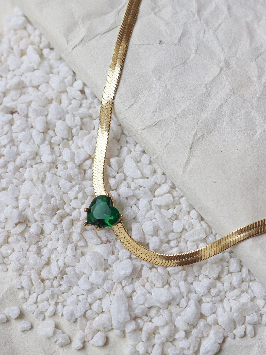18K Gold Plated Snake Chain Emerald Necklace Emerald Heart - Etsy