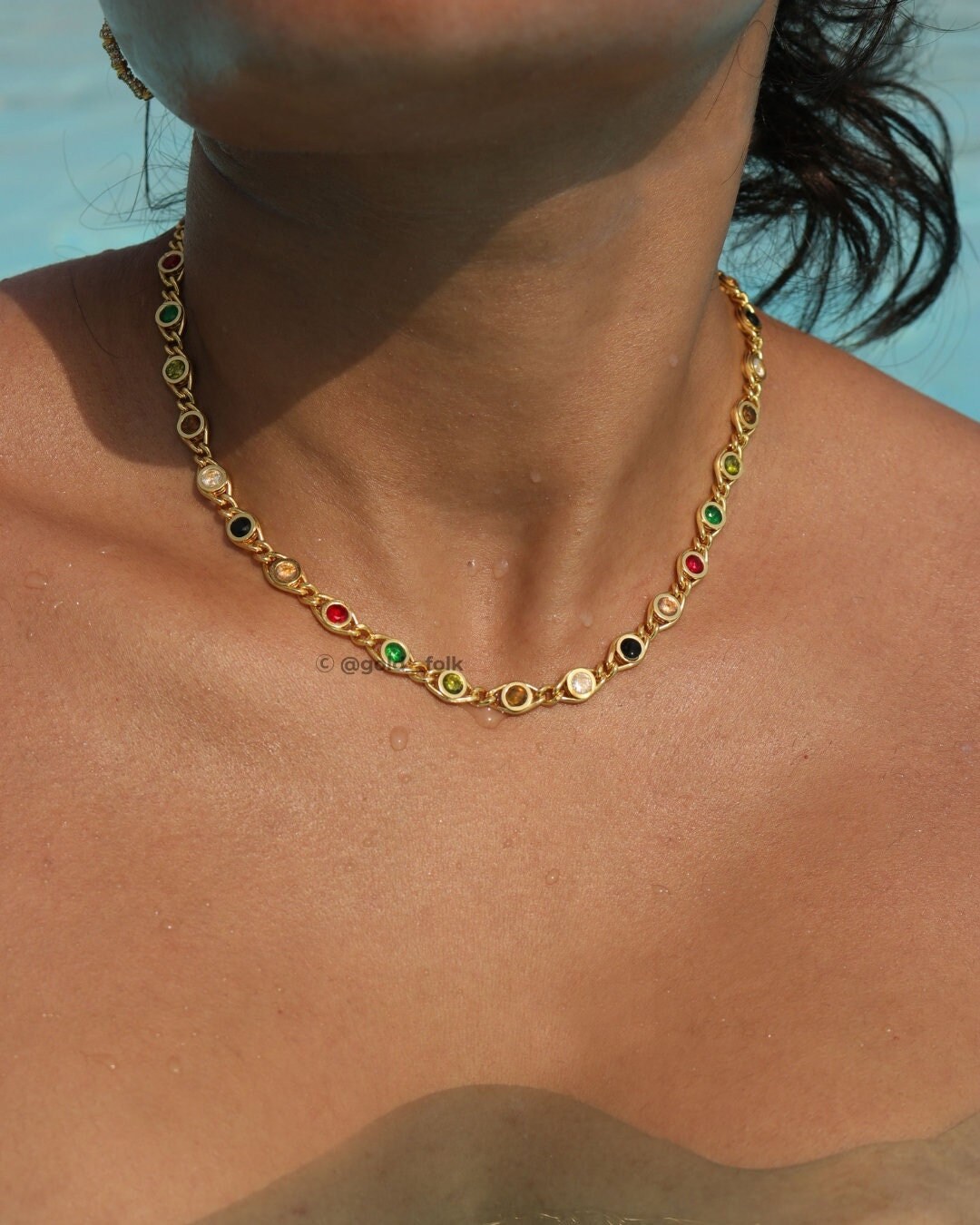 18K Gold Colourful Gem Chain Necklace, Tarnish Free Chain Necklace ...