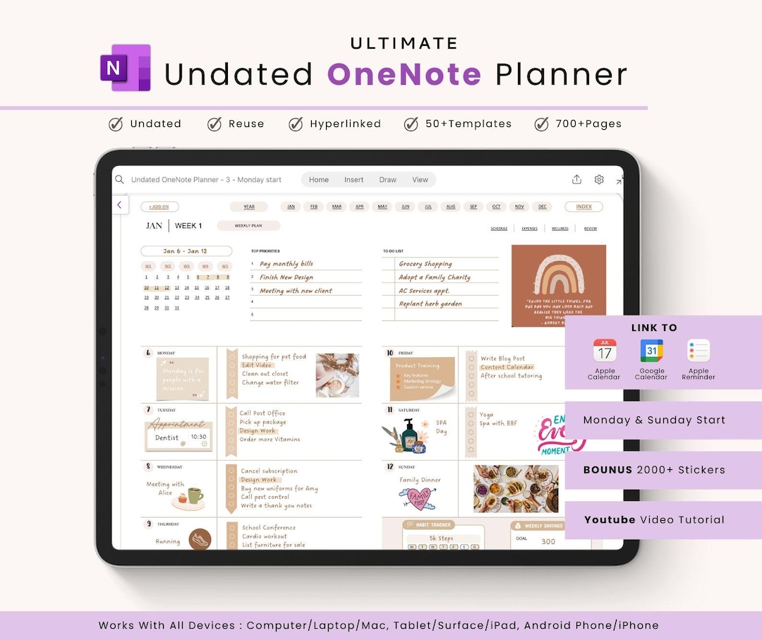 Undated Onenote Digital Planner: Hyperlinked, Reusable, for Ipad ...