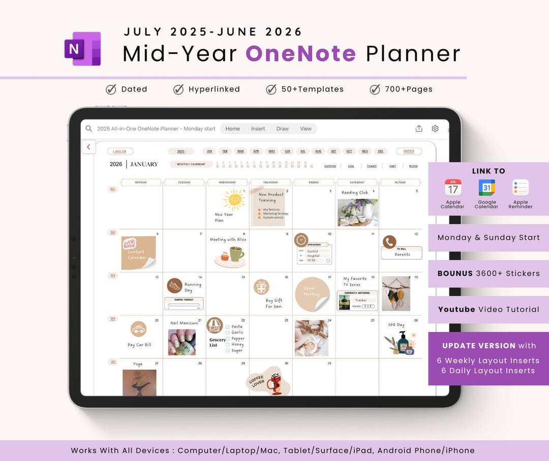 2025 2026 Mid Year Onenote Planner, Hyperlinked Onenote Planner, All in ...