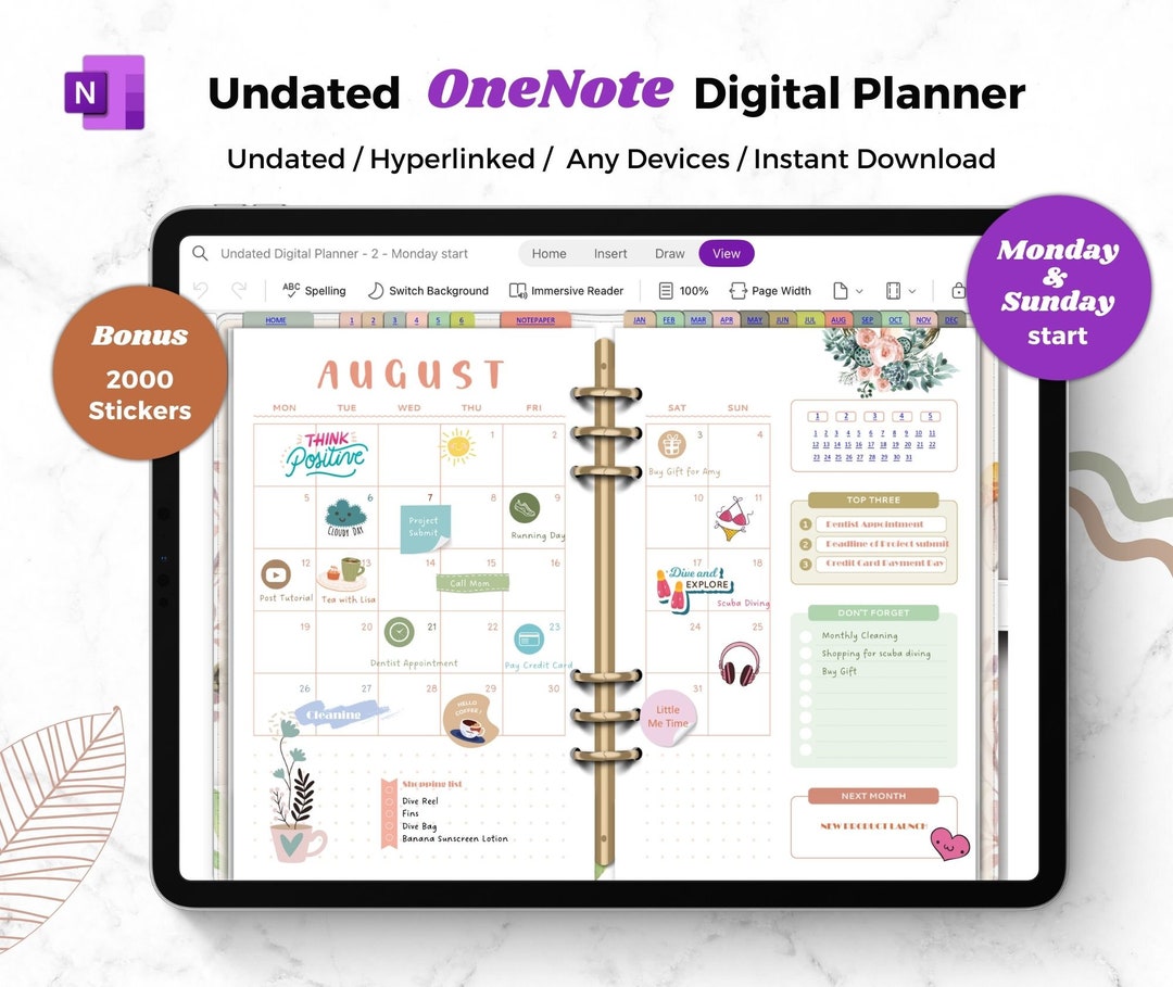 Undated Onenote Digital Planner: Hyperlinked, Stickers Included, for ...