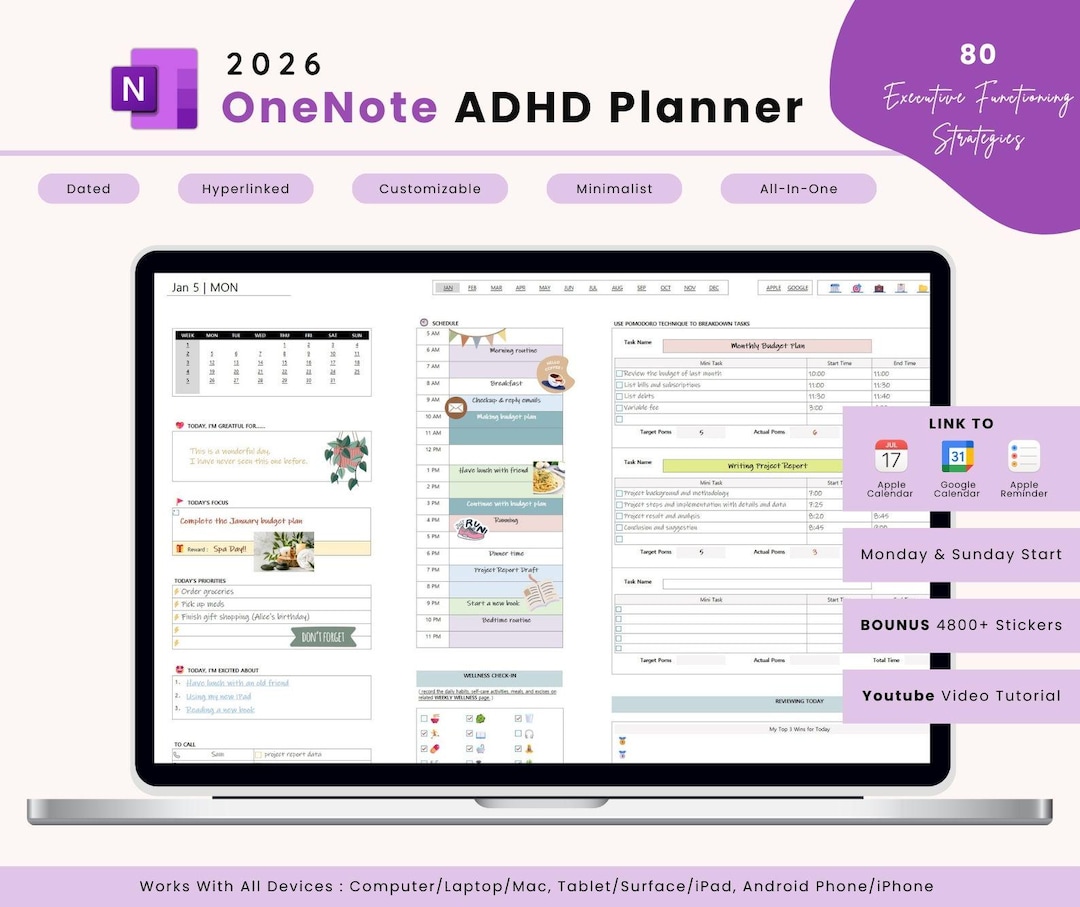 2026 Onenote ADHD Planner: Focus Productivity Self-care Templates ...