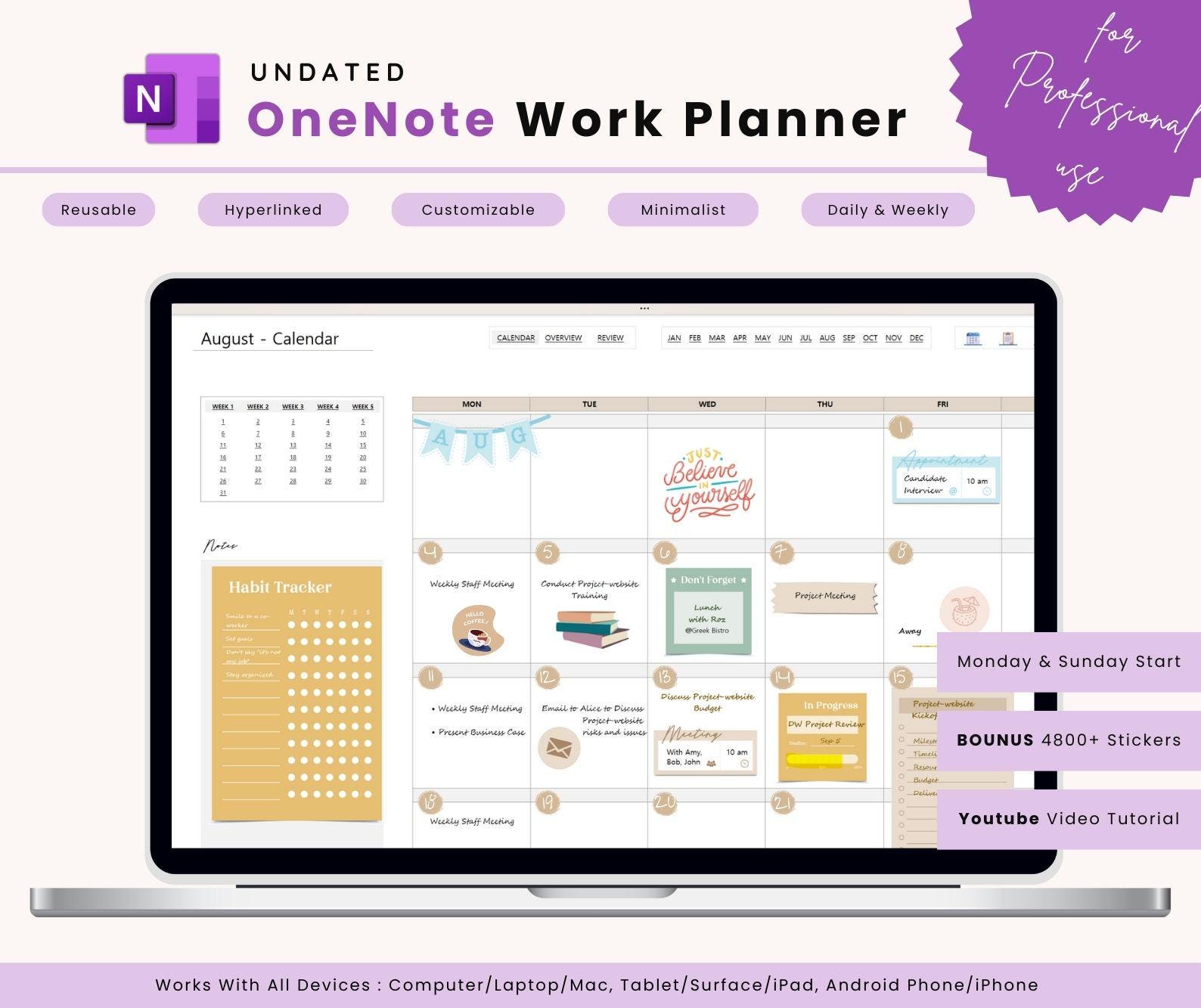 Undated Onenote Planner: Professional Work Template (digital Download ...