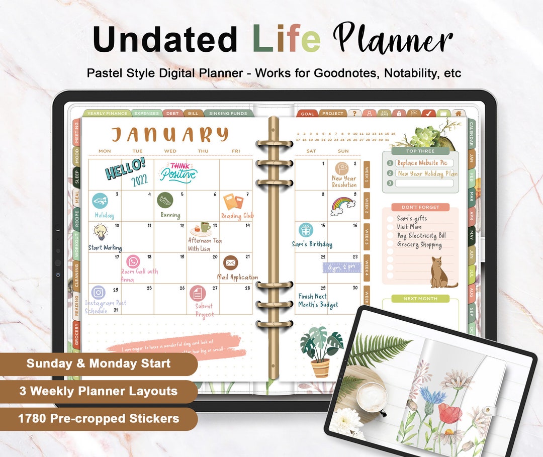 Undated Yearly Life Planner, All in One Digital Planner, Digital ...