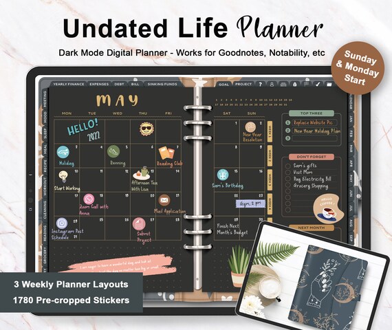 Dark Mode Undated Planner All in One Digital Planner Undated - Etsy