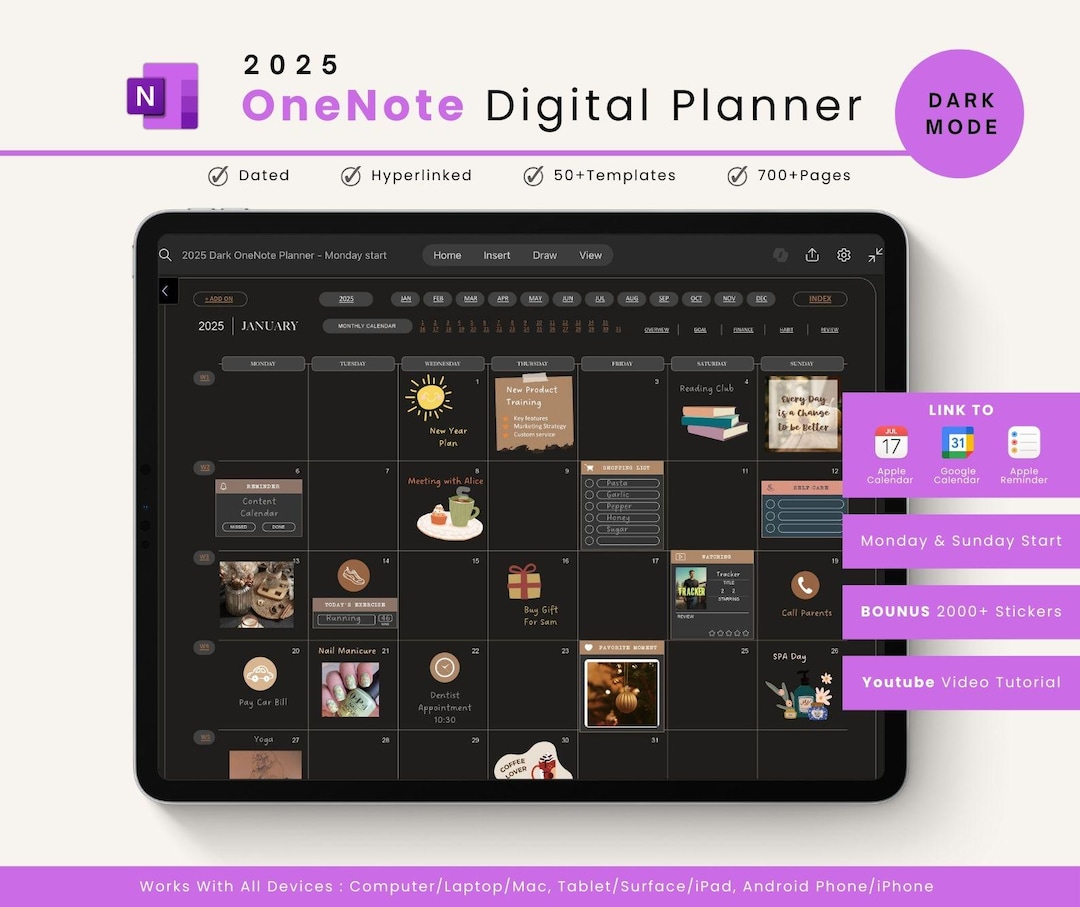 2025 Dark Mode Onenote Digital Planner, Hyperlinked Onenote Digital ...