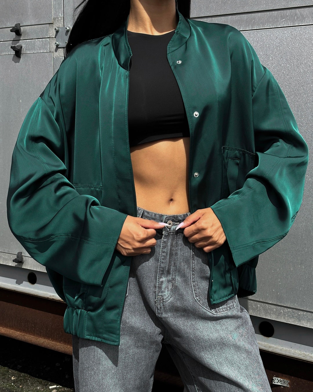 Emerald Green Satin Bomber Jacket for Women Oversized Jacket Trendy Lined Blazer Loose Fit ...