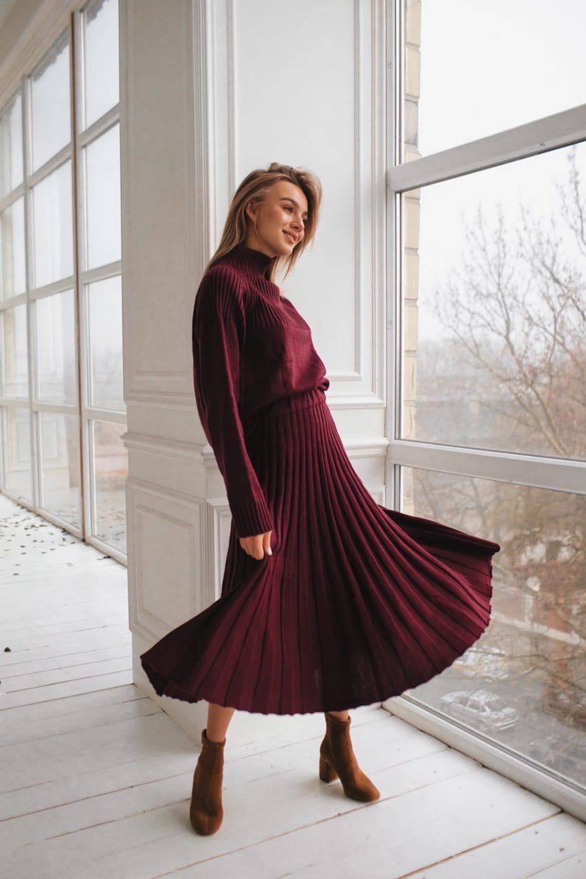 Burgundy Knitted Two Piece Suit for Women With Oversized - Etsy