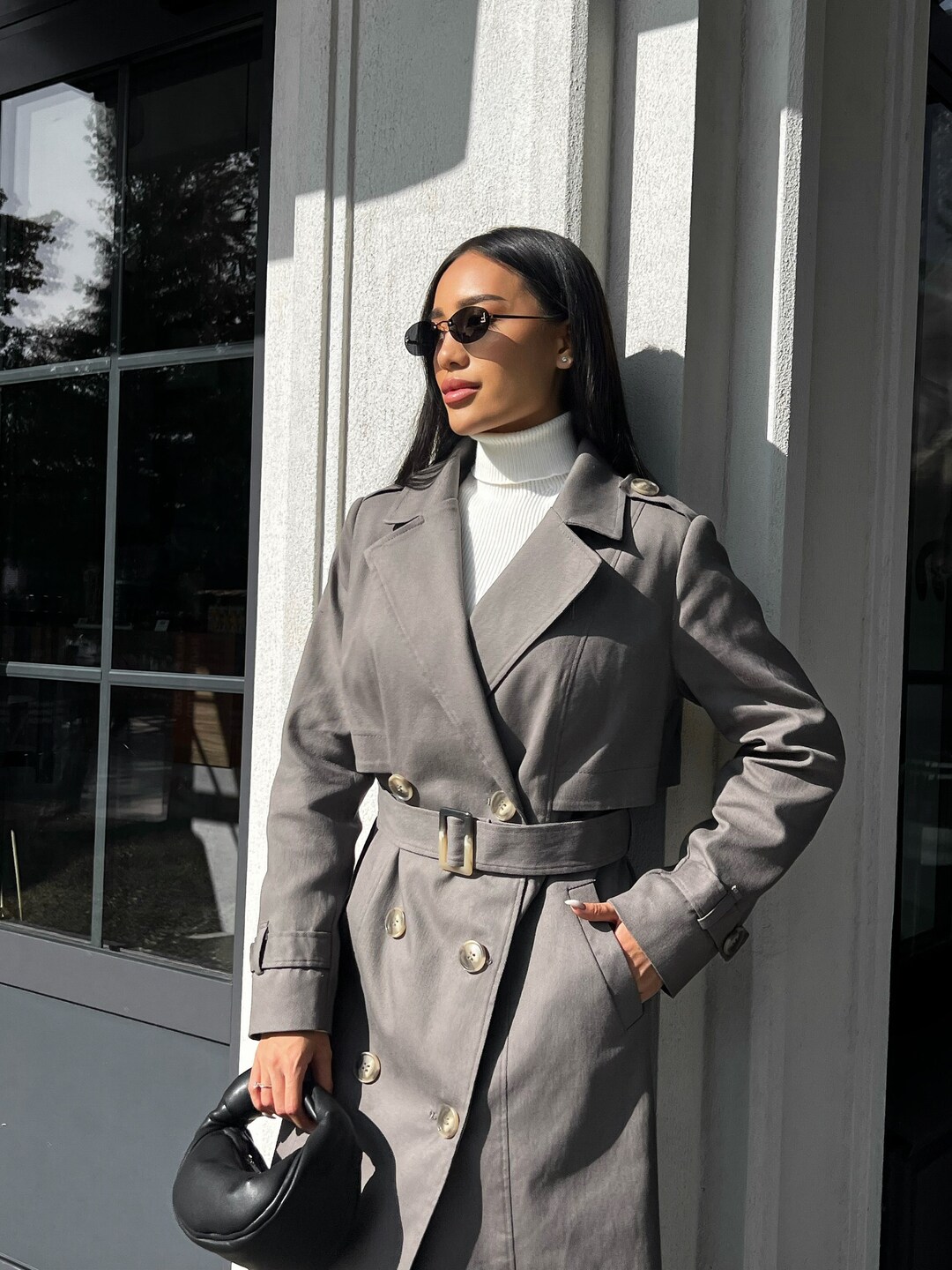 Smoky Gray Cotton Trench Coat for Women Double Breasted Coat Under the ...