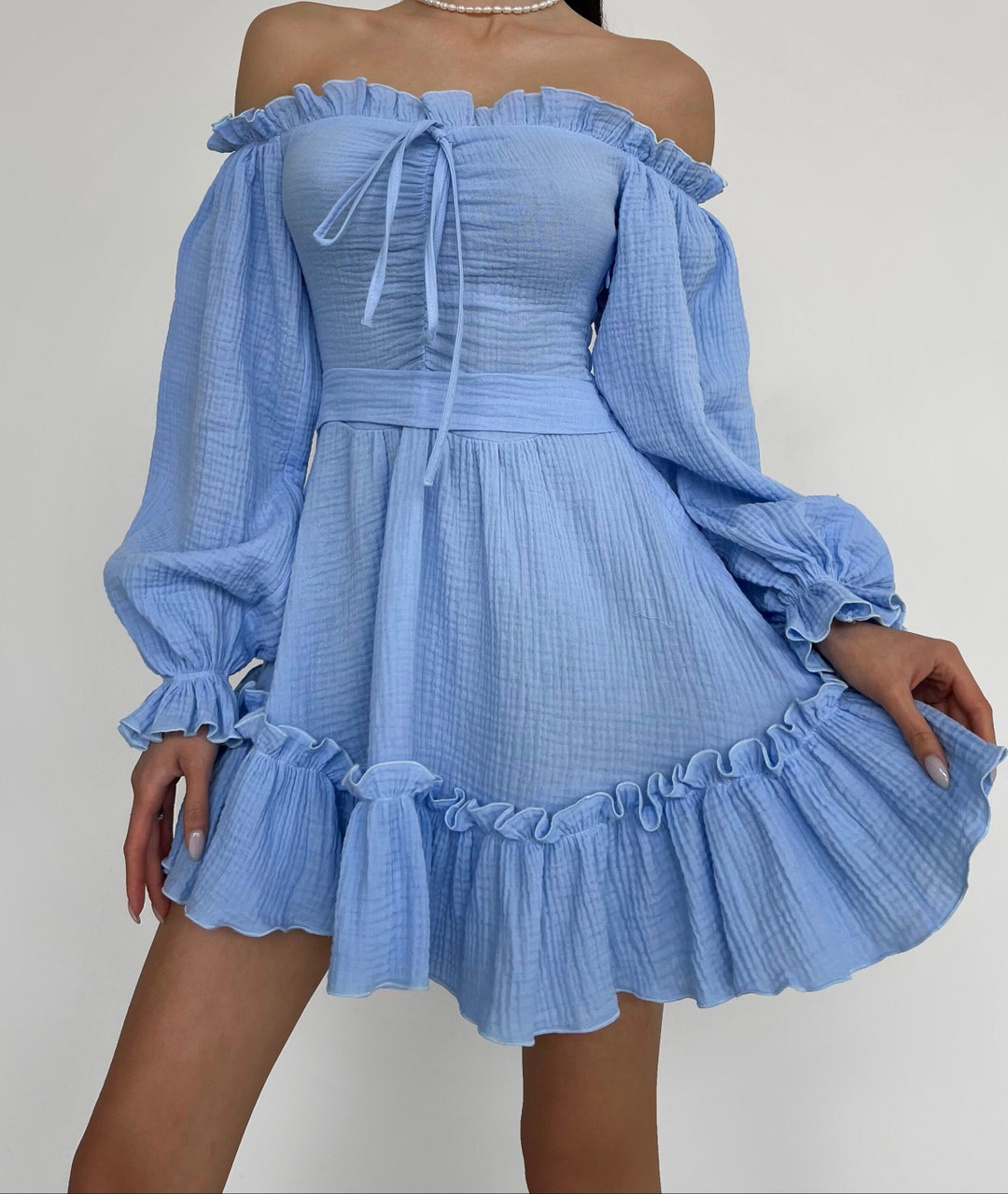 Light Blue off Shoulder Dress for Women Puff Long Sleeve Top Dress ...