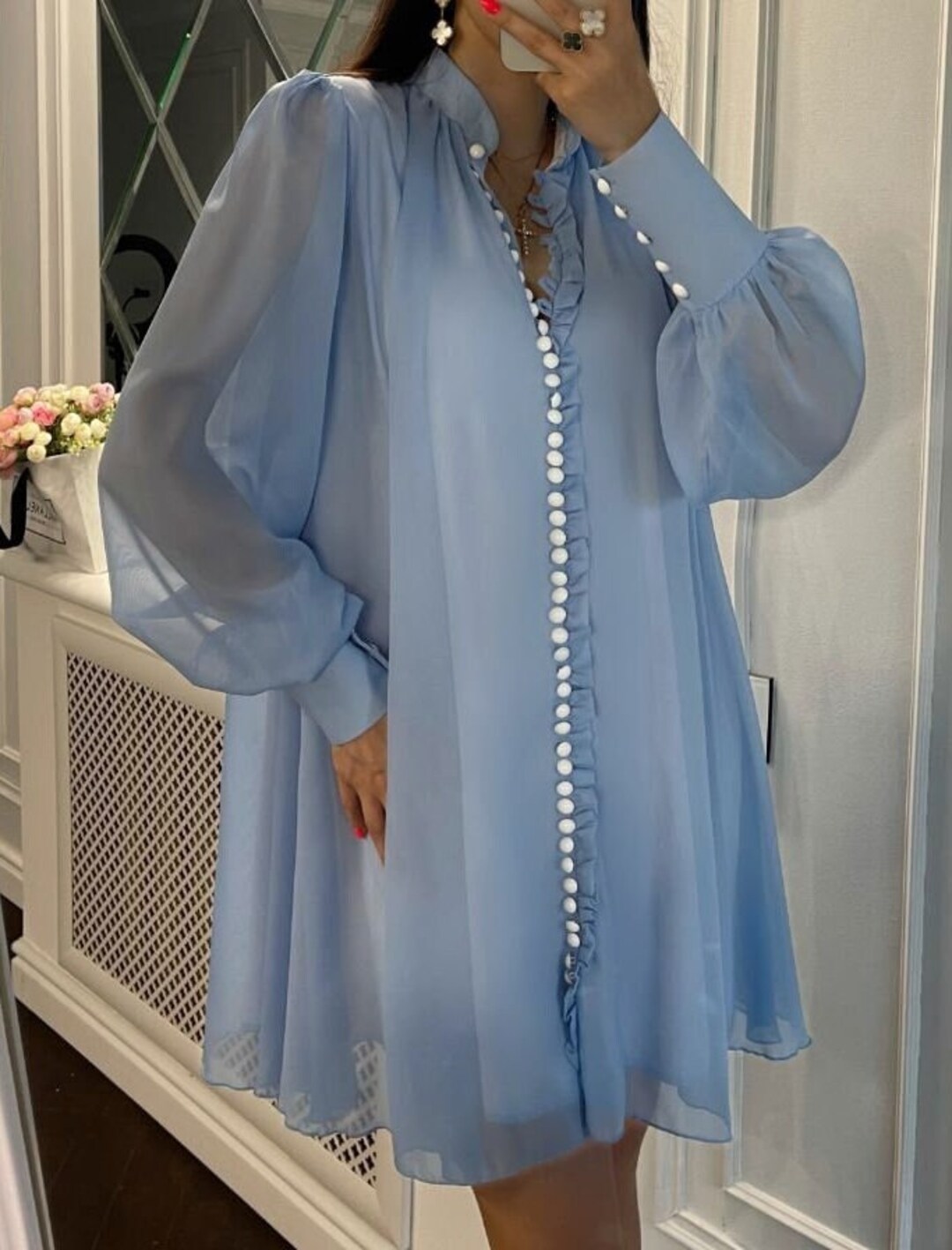 Light Blue Chiffon Dress for Women Loose Fit Dress Bishop Sleeve Dress ...