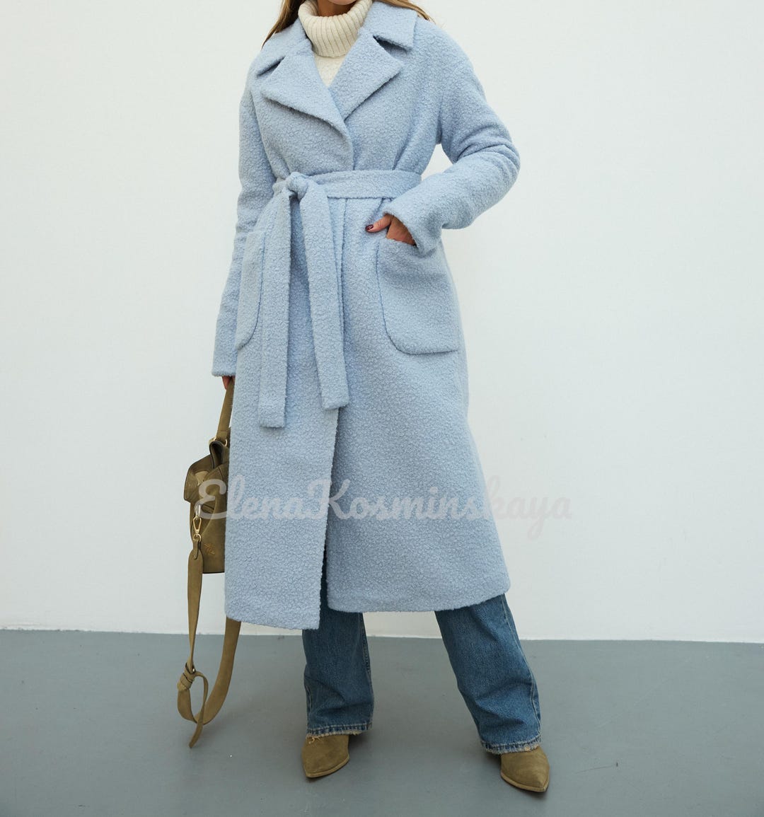 Light Blue Coat for Women Wool Overcoat Under the Belt Boucle Coat Warm ...