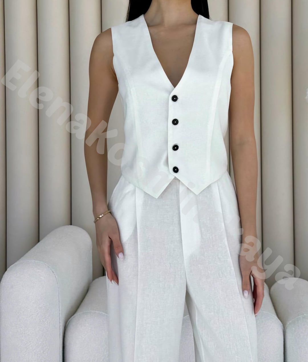 White Linen Pantsuit: Women's Crop Vest & Palazzo Pants Set - Etsy