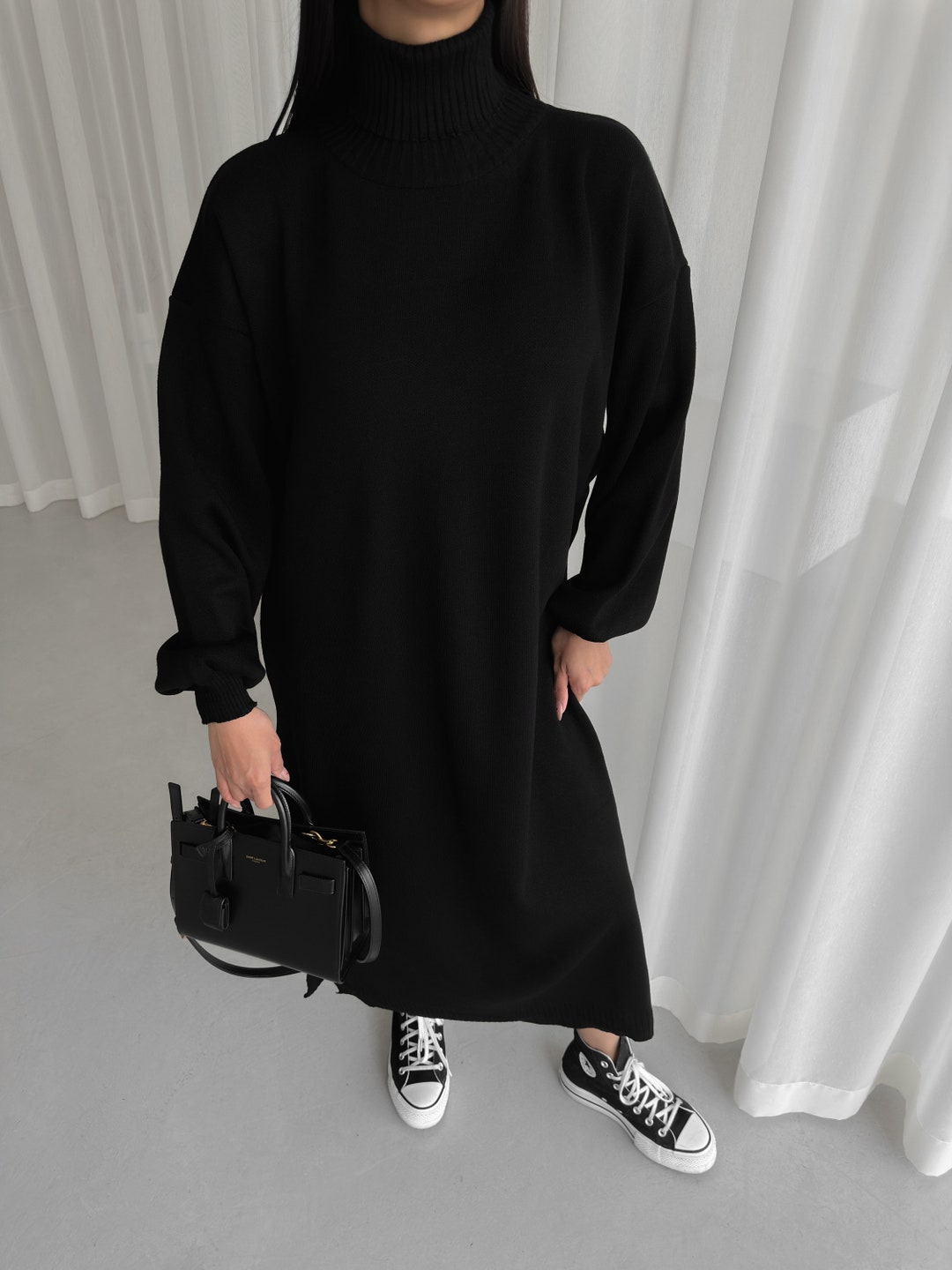 Black Knitted Maxi Dress for Women Wool Sweaterdress Oversized Knit ...