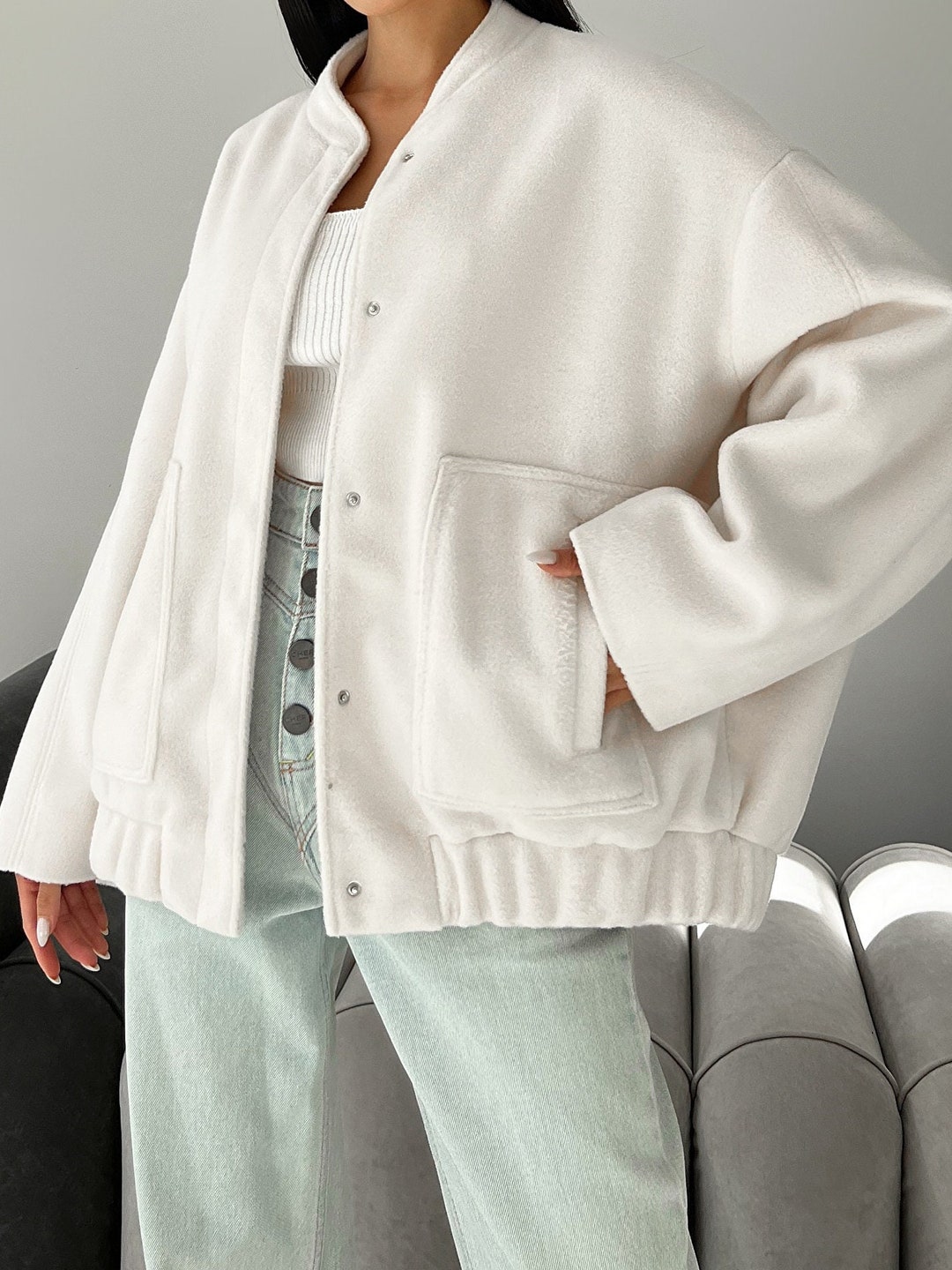 White Oversized Jacket for Women Wool Bomber Jacket Collarless Jacket ...