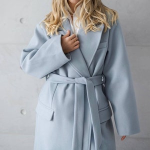 Light Blue Wool Wrap Coat: Women's Belted Overcoat With Pockets - Etsy