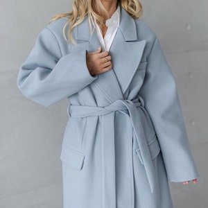 Light Blue Wool Wrap Coat: Women's Belted Overcoat With Pockets - Etsy
