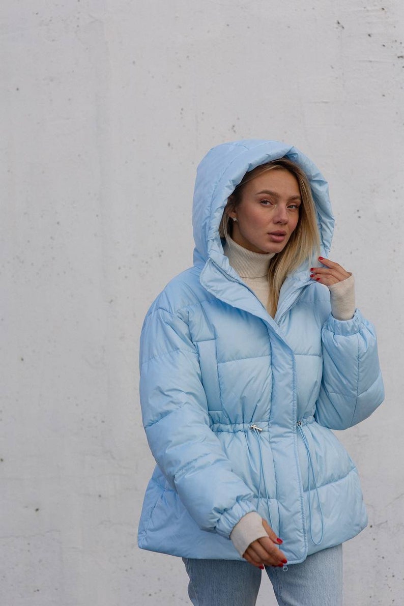 Light Blue Puffer Jacket for Women Oversized Down Coat Hooded - Etsy