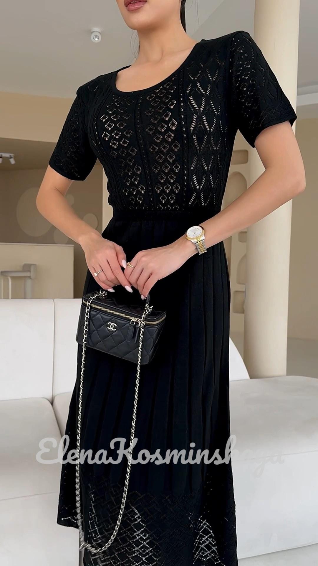 Black Knitted Midi Dress for Women Hollow Out Dress Cotton Sweaterdress ...