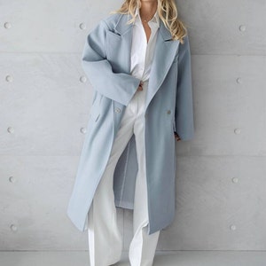 Light Blue Wool Wrap Coat: Women's Belted Overcoat With Pockets - Etsy